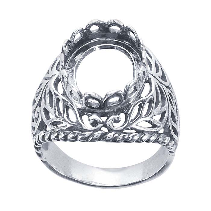 Sterling Silver Leaf Filigree Oval Cabochon Ring Mountings